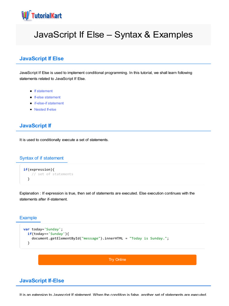 JavaScript If Else Tutorial Guide | PDF | Control Flow | Grammar