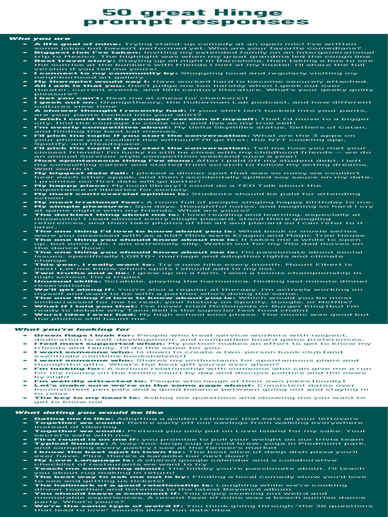 50 Great Hinge Prompt Responses 1 | PDF
