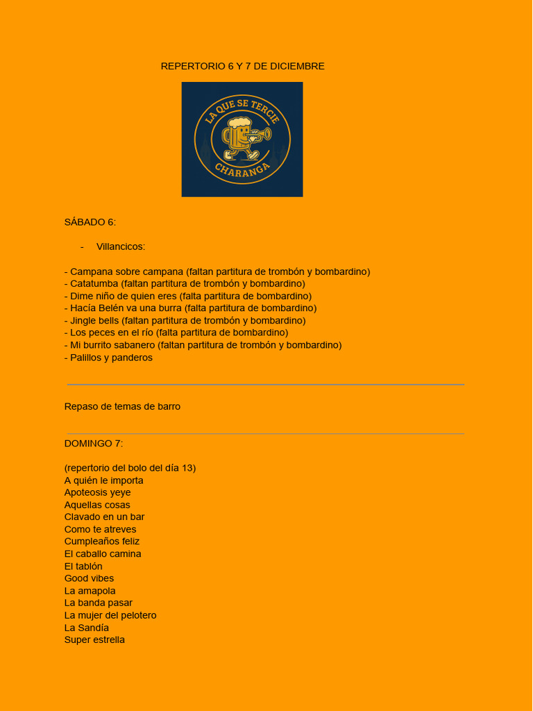 Repertorio Musical 6-7 Diciembre 2023 | PDF