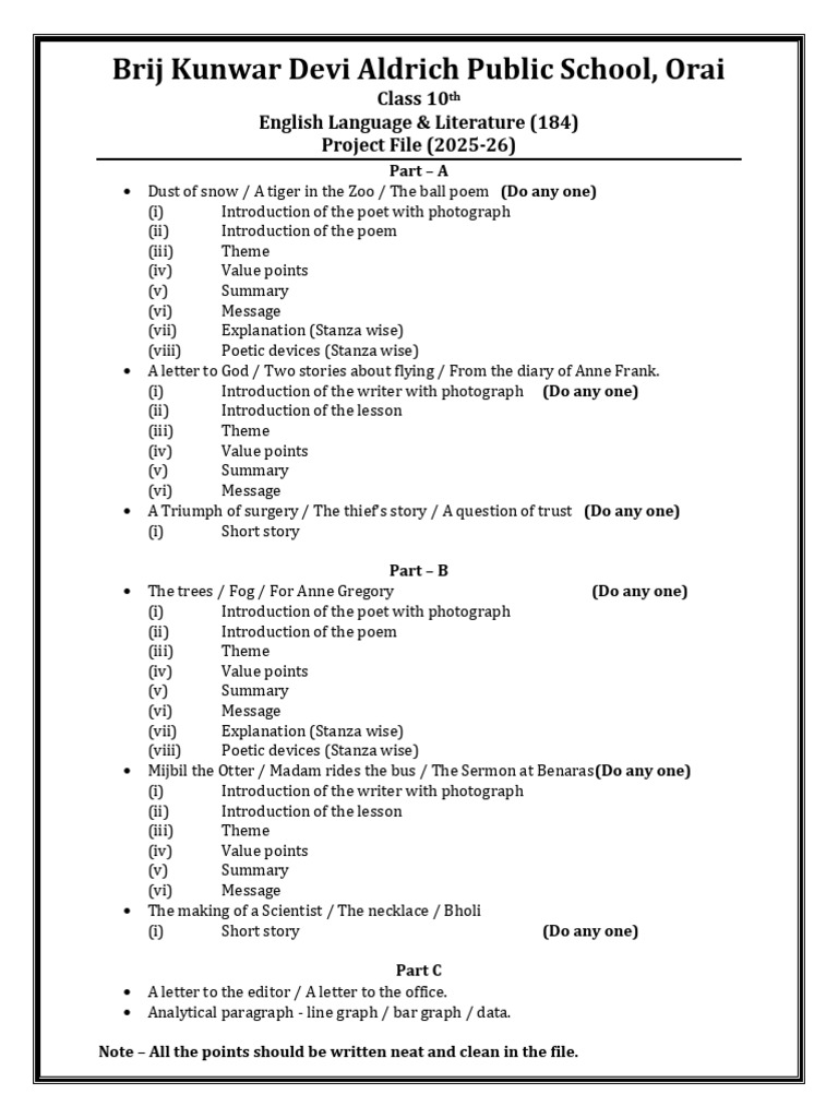 Class 10 English Project File 2025-26 | PDF