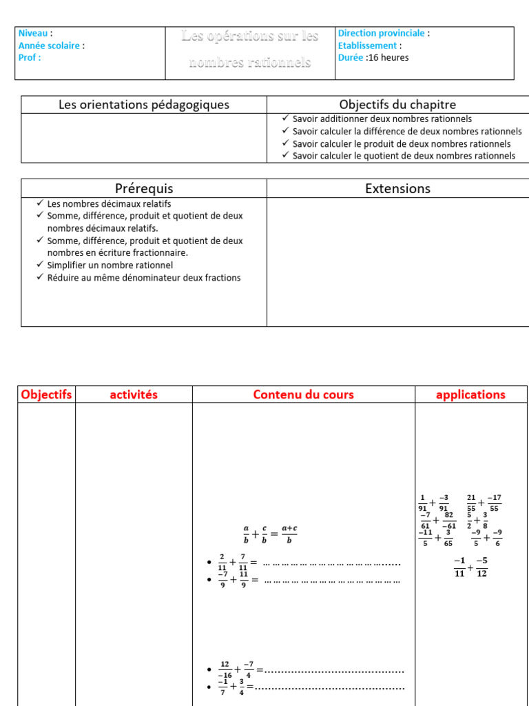 Opérations sur les Nombres Rationnels | PDF