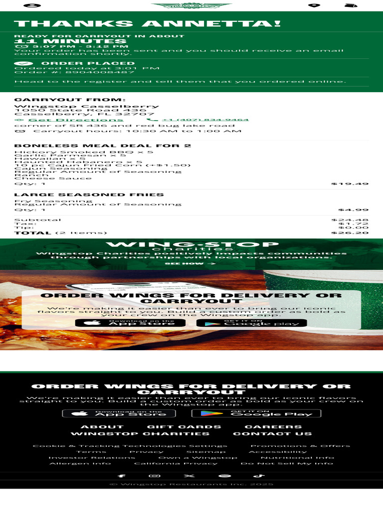 Wingstop Order Confirmation for Carryout | PDF