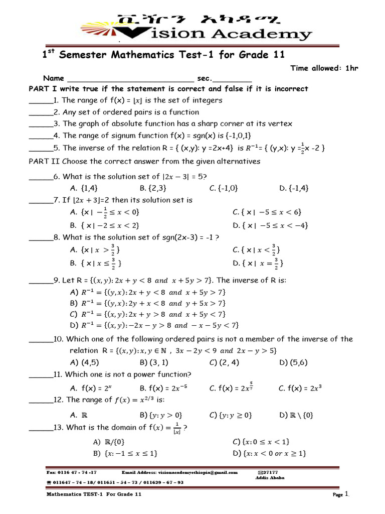 G11 math TEST 1 | PDF | Function (Mathematics) | Discrete Mathematics