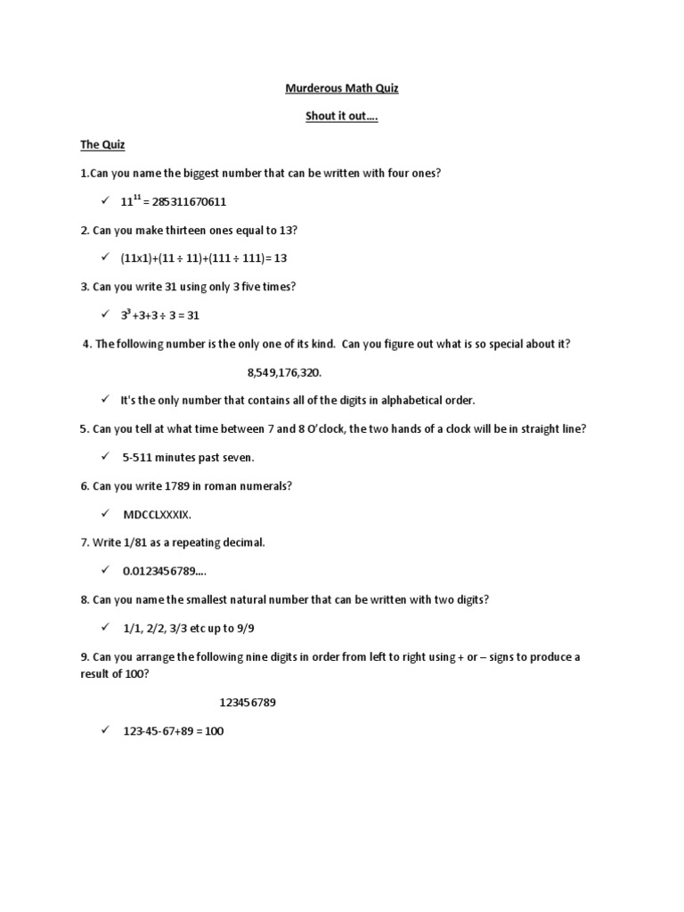 Murderous Math Quiz | PDF | Multiplication | Fraction (Mathematics)