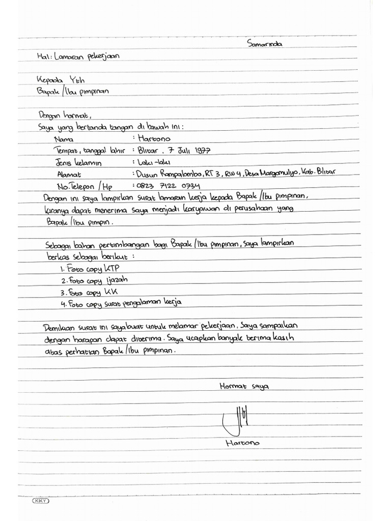 Surat Lamaran Kerja Hartono | PDF