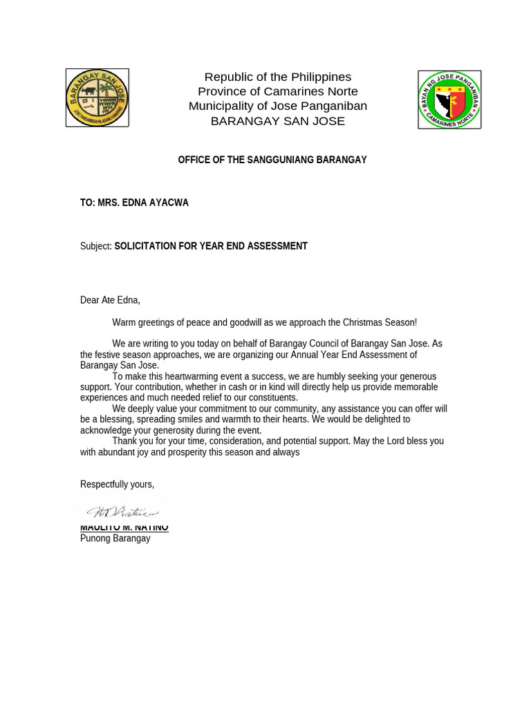 Solicitation Letter for Barangay Xmas Party | PDF