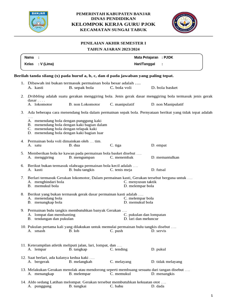 Soal Penilaian PJOK Kelas V 2023 | PDF