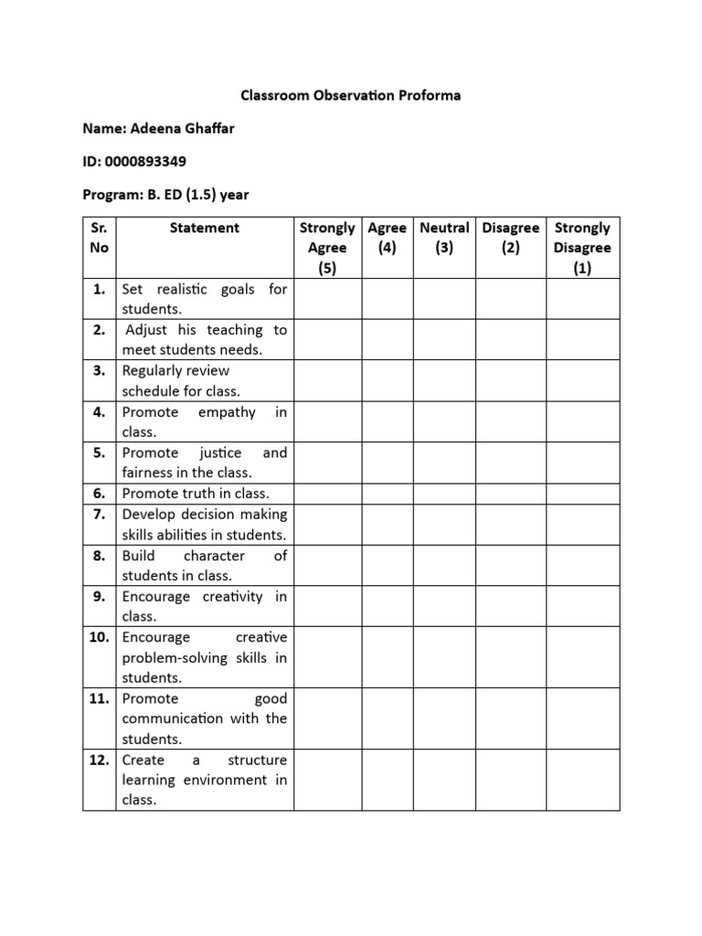 Classroom Observation Evaluation Form | PDF