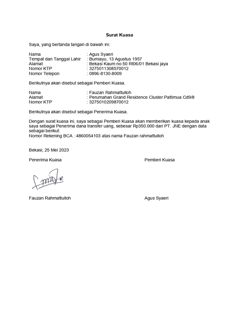 Surat Kuasa Transfer Uang JNE | PDF