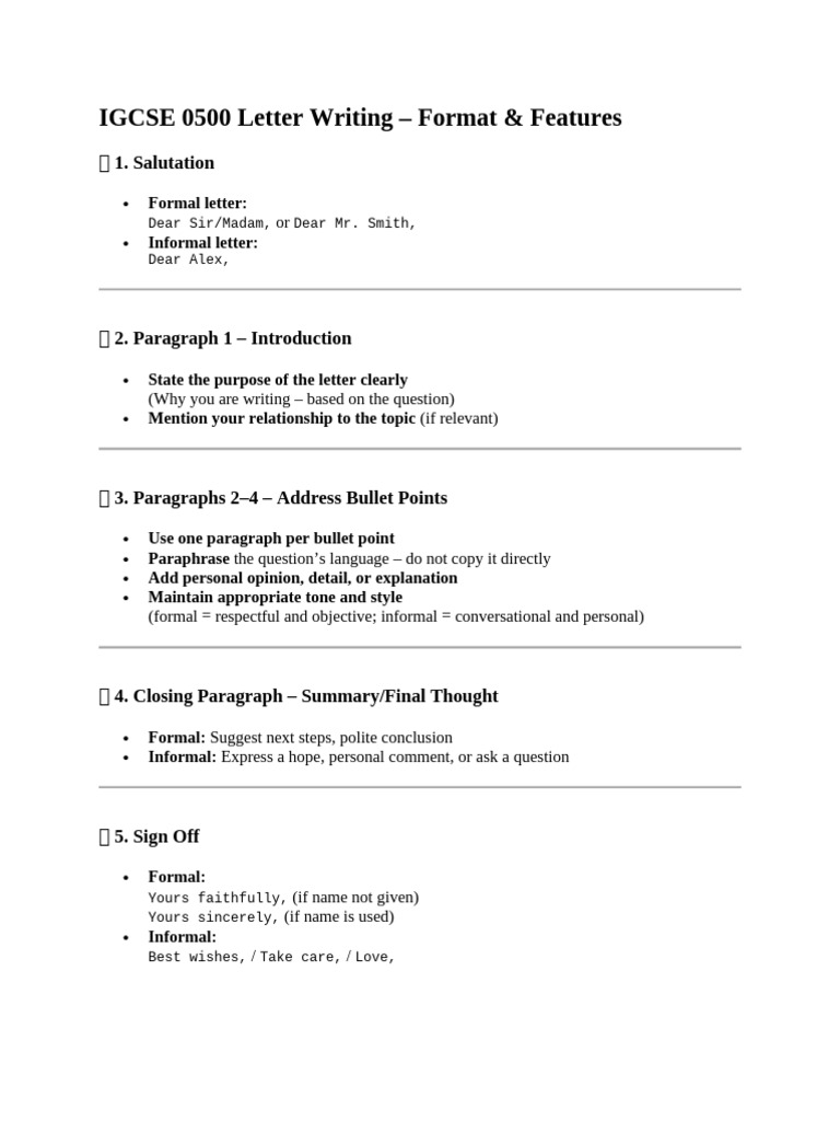 IGCSE 0500 Letter Writing Guide | PDF