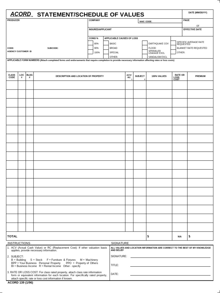 ACORD Statement of Values Template | PDF