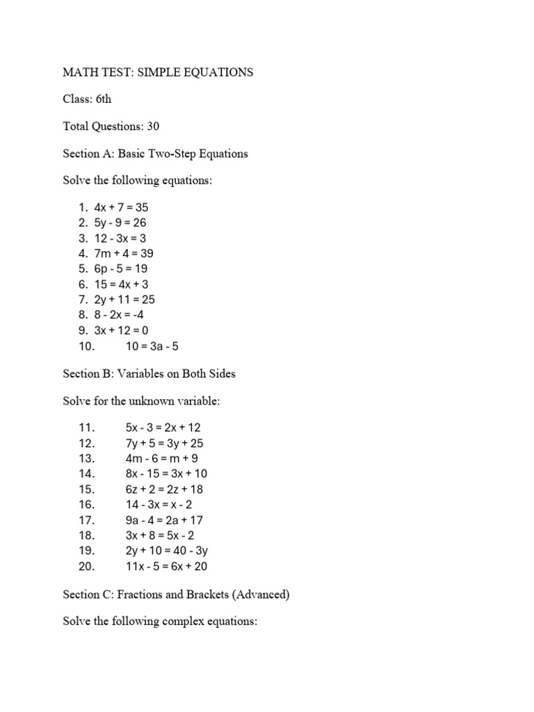 6th Grade Math Test: Simple Equations | PDF
