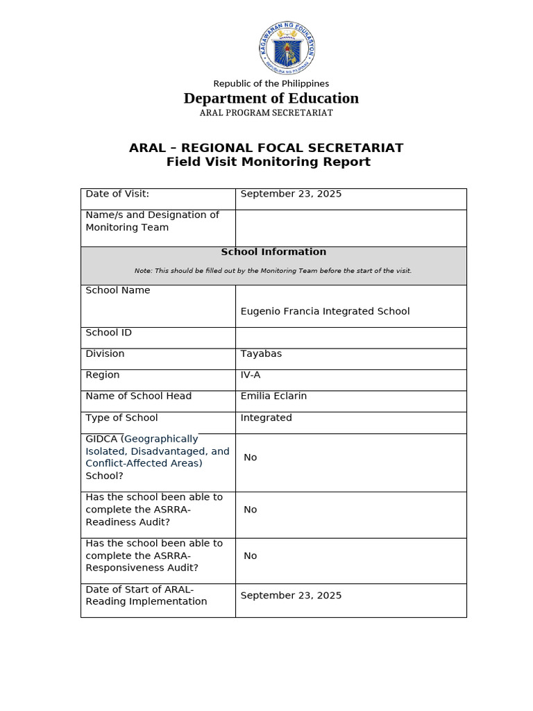 ARAL-RFS_Field-Visit-Monitoring-Report-EFIS | PDF | Behavior ...