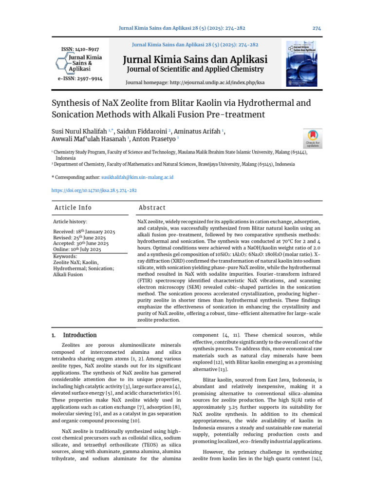 Synthesis of NaX Zeolite From Blitar Kaolin Via Hydrothermal and ...