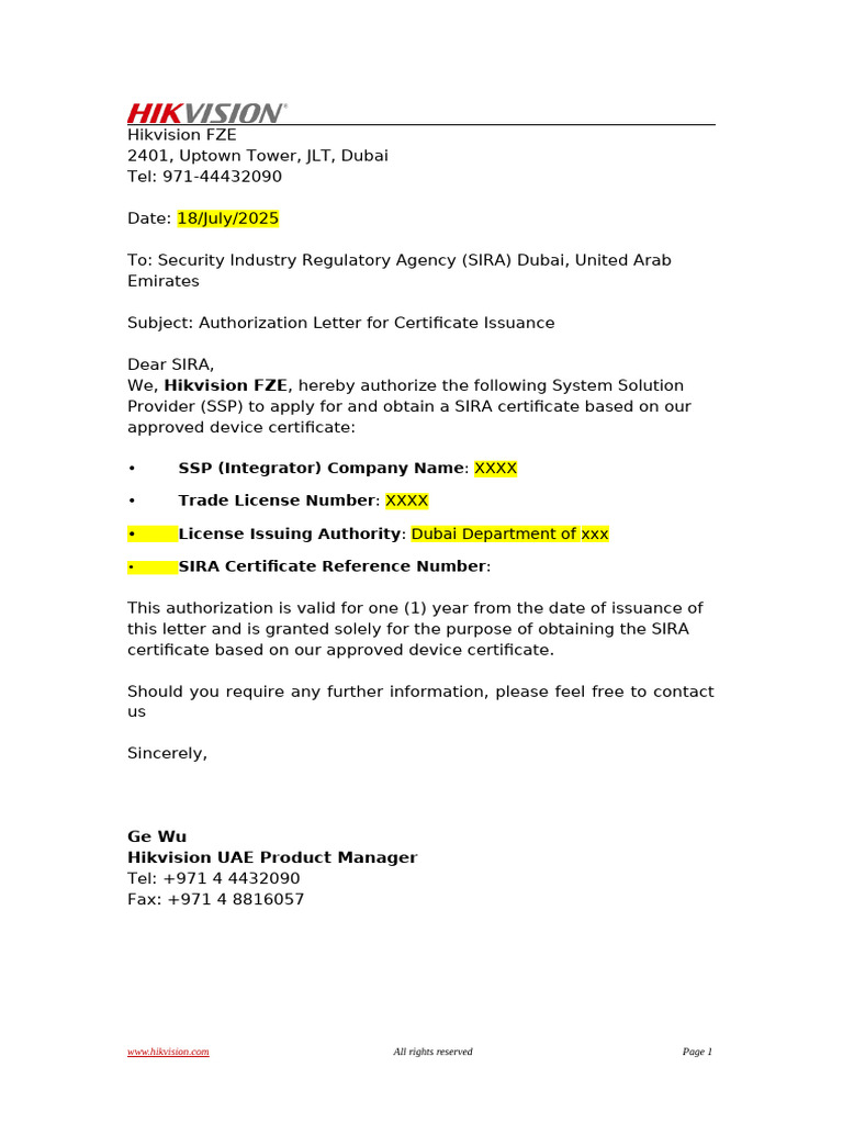 Hikvision Authorization for SIRA Certificate | PDF