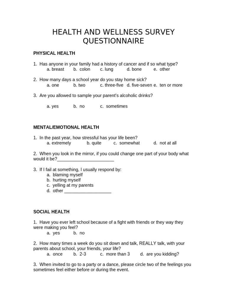 Health and Wellness Survey Questionnaire | PDF