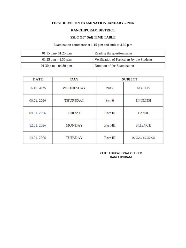 Kanchipuram SSLC & HS Exam Timetable 2026 | PDF