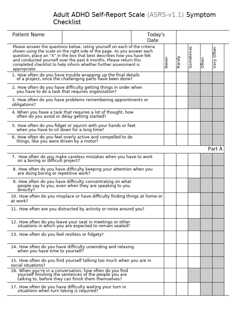 ASRS (ADHD Questionnaire) | PDF