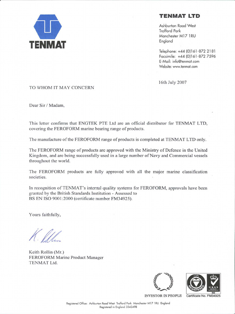 Tenmat Distributor Letter For Engtek. 2007 PDF | PDF