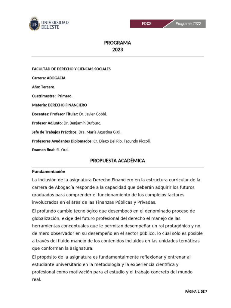 Ude - Fdcs - Derecho Financiero. Programa 2023 | PDF | Presupuesto | Deuda