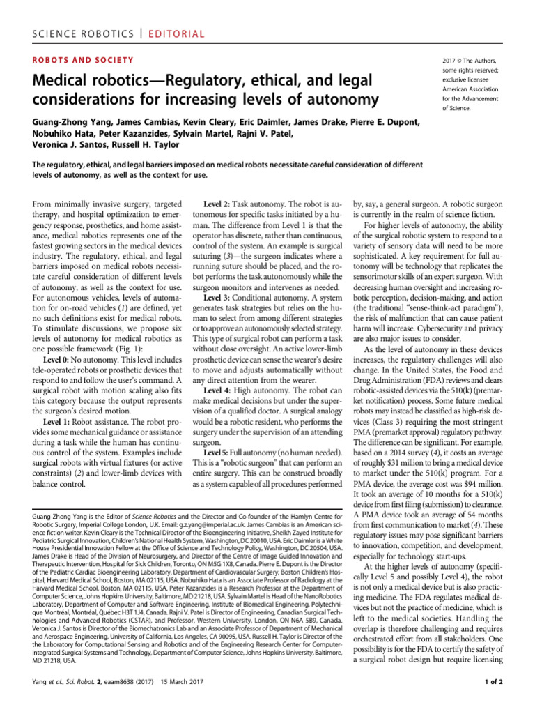 Medical Robotics—Regulatory, Ethical, And Legal Considerations for ...