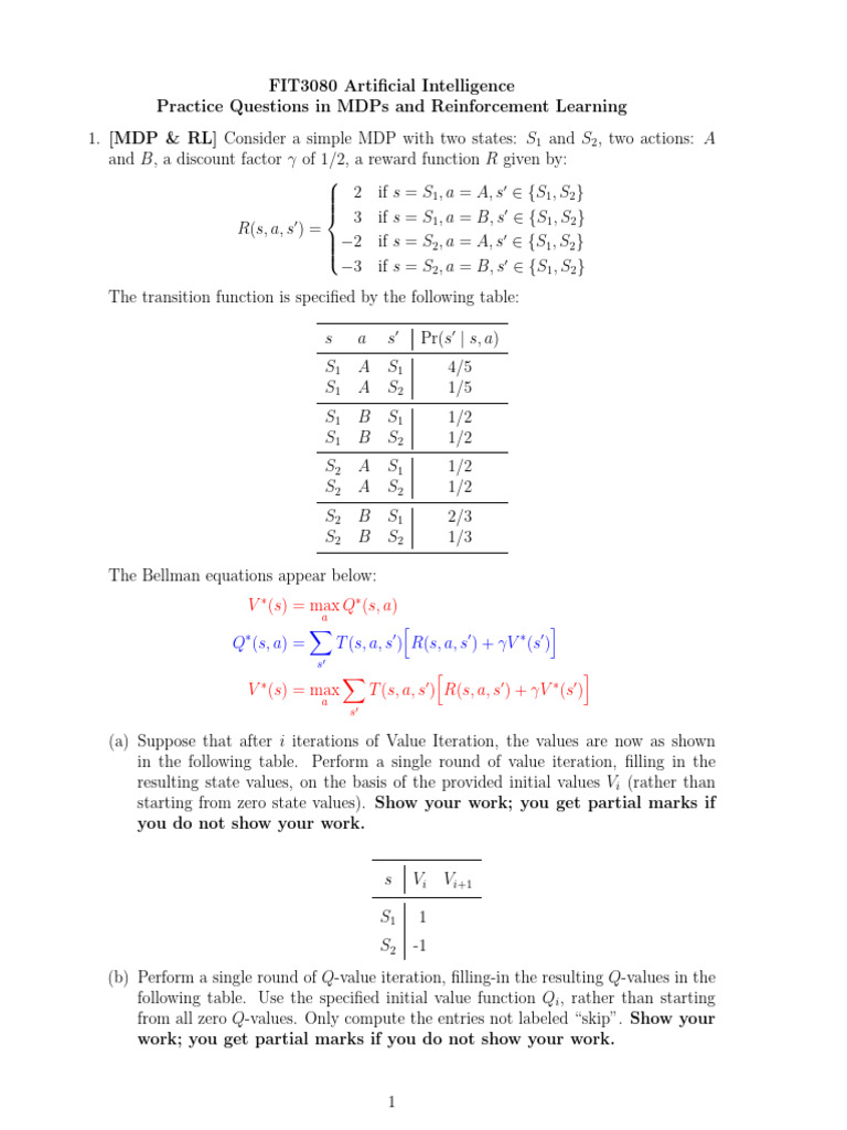 MDPs and Reinforcement Learning Questions | PDF | Learning | Machine ...