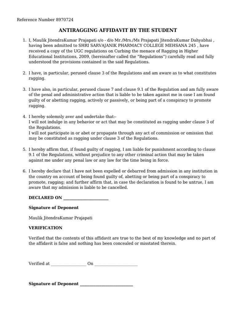 Anti Ragging Affidavit Form | PDF | Affidavit