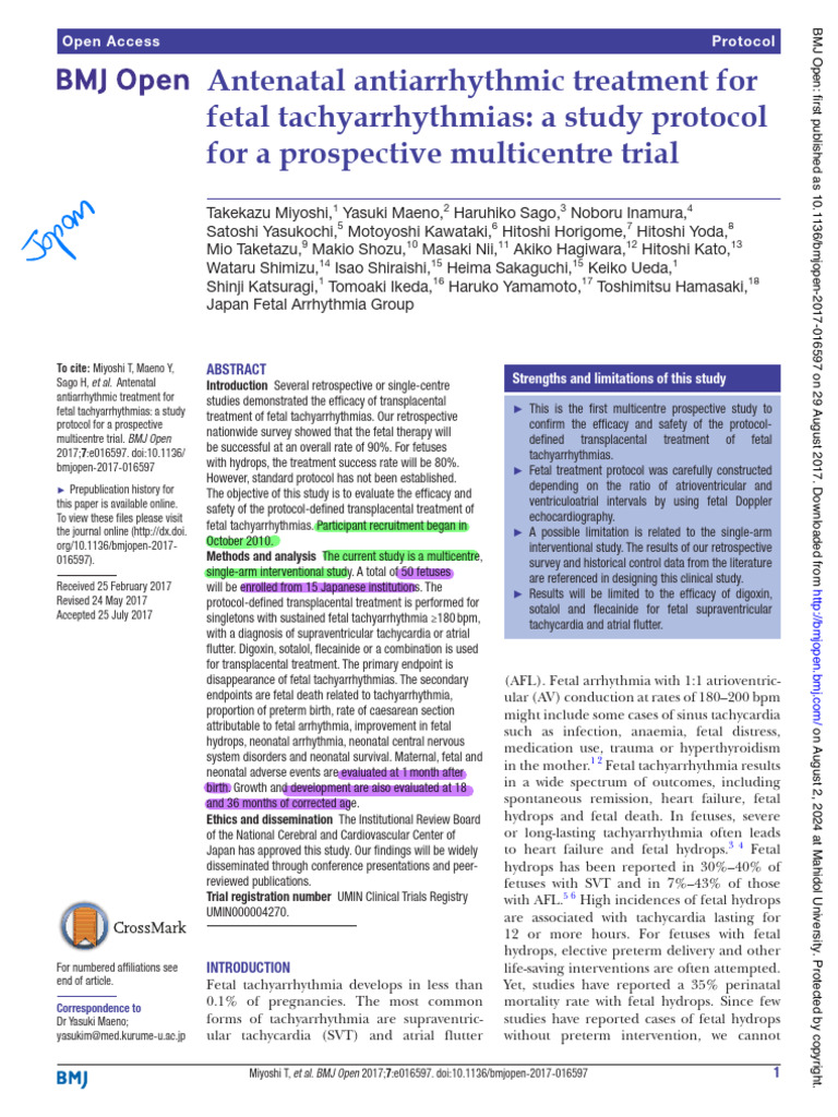 N 50 Protocol Antenatal Antiarrhythmic Treatment For Fetal ...