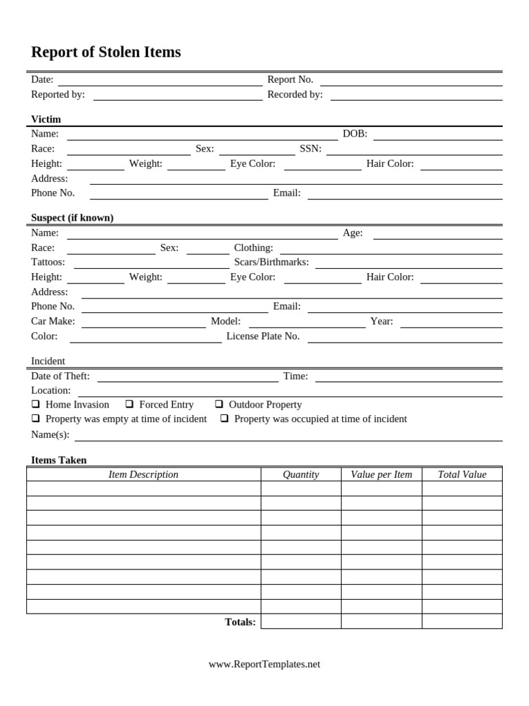 Stolen Items Report Template | PDF