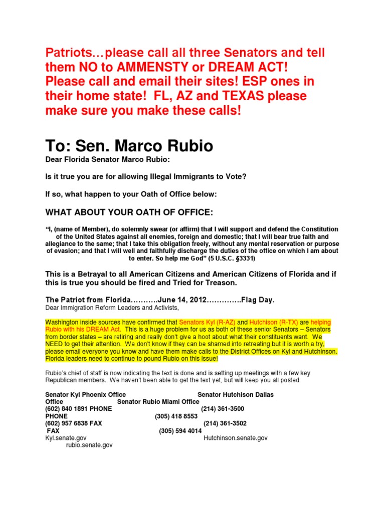 To: Sen. Marco Rubio: What About Your Oath of Office | PDF | Oath Of ...