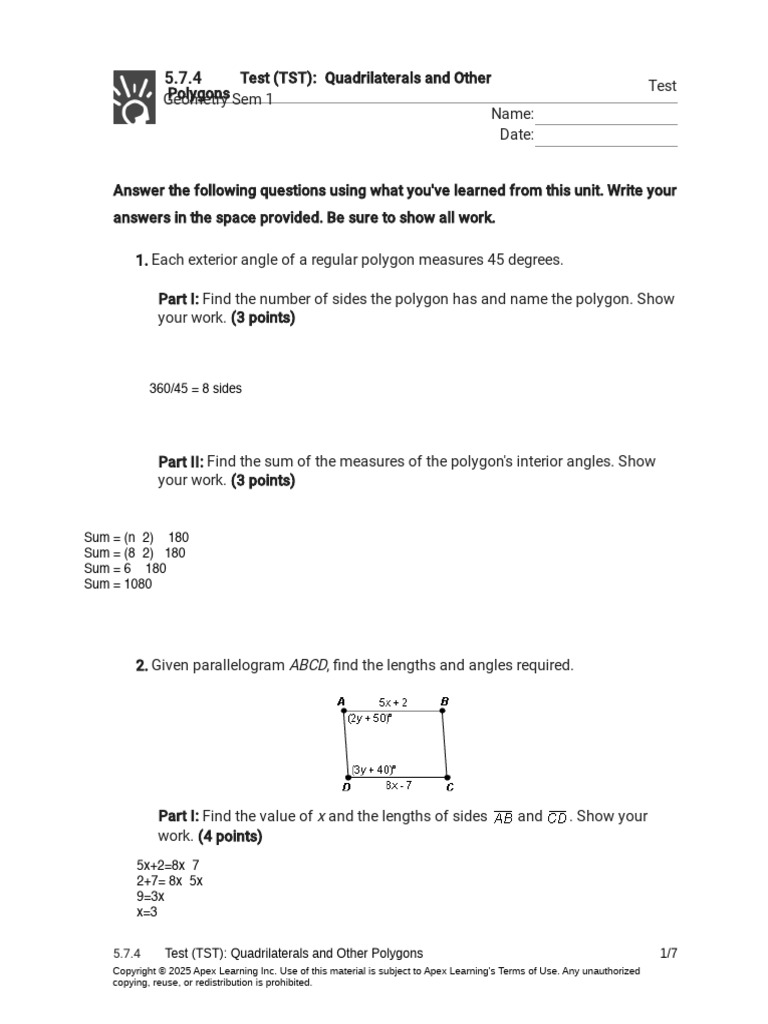 5.7.4 T67 - Quadrilaterals and Other Polygons (Test) | PDF | Euclidean ...