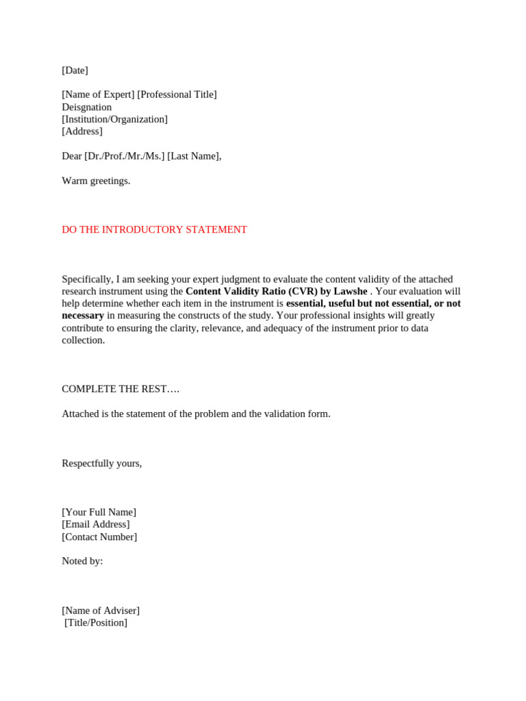 Letters for Validators to Be Completed by Students Lawshe | PDF