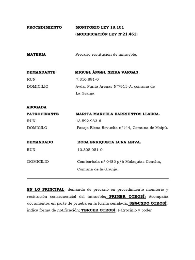 Demanda de Precario y Restitución Inmueble | PDF | Posesión (Ley ...