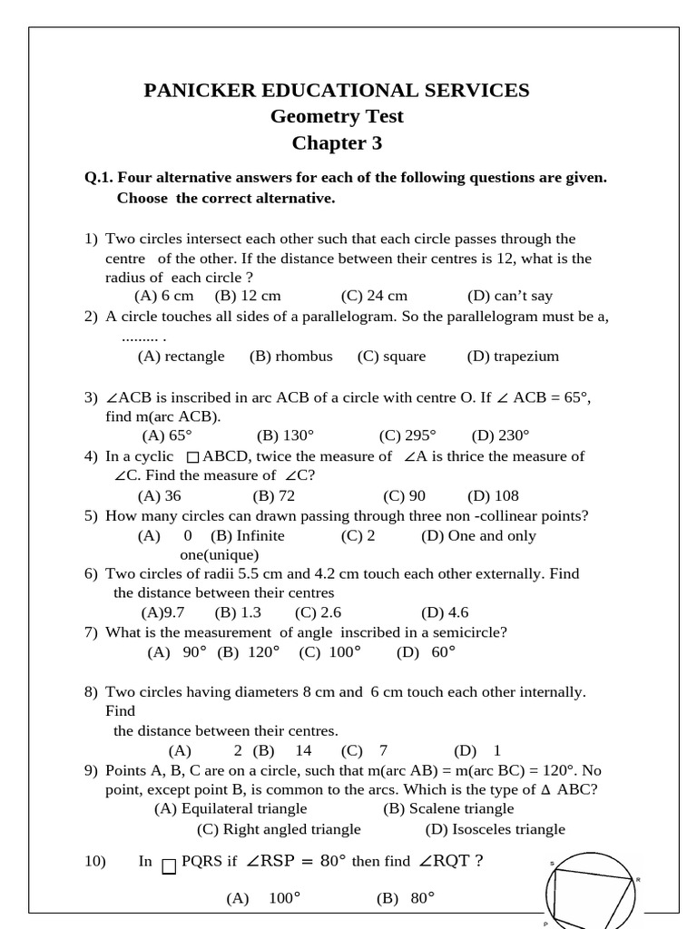 Geometry Test: Circle and Angle Problems | PDF | Circle | Triangle