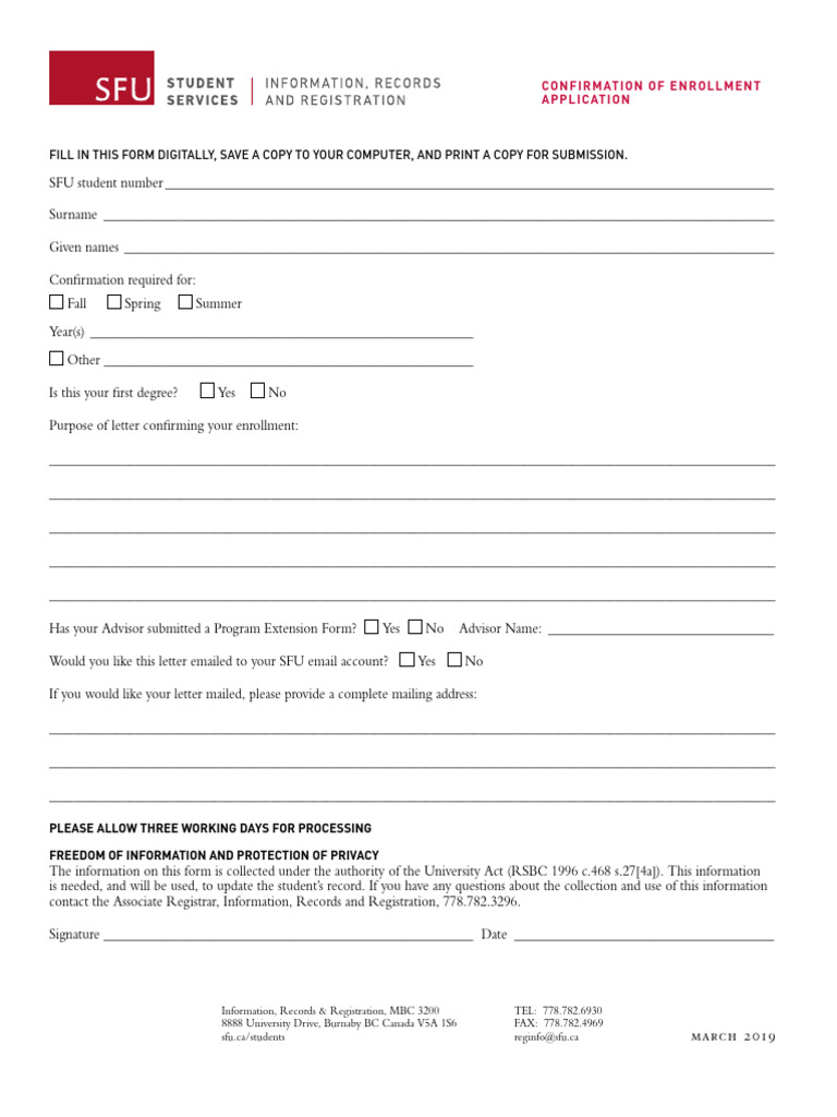 SFU Enrollment Confirmation Application | PDF