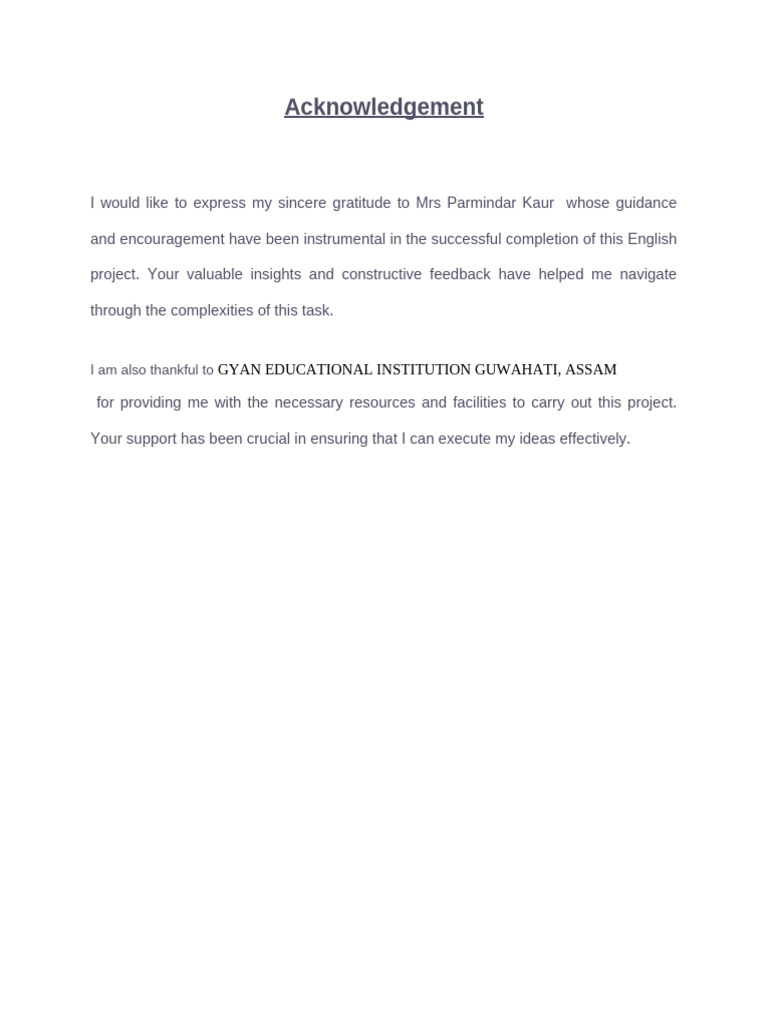Acknowledgment For English Project Completion Pdf