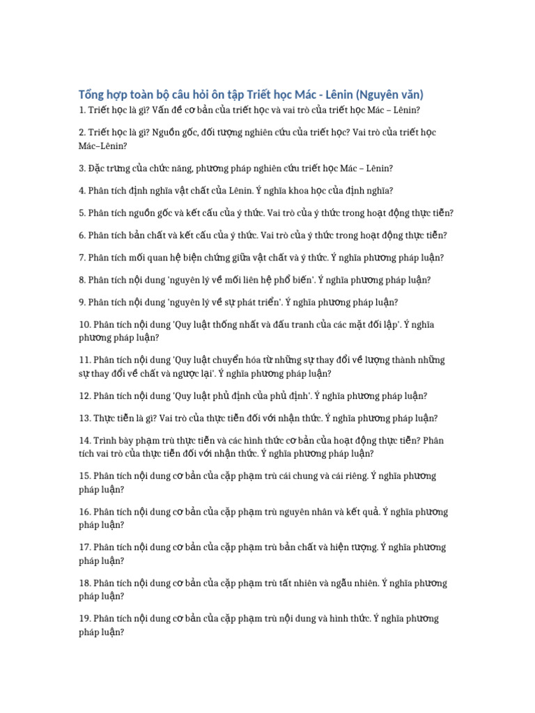 Tong_hop_cau_hoi_Triet_hoc_Mac_Lenin_nguyen_van | PDF