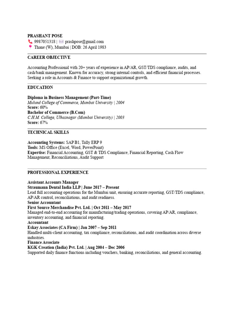 Prashant Pose Resume PDF | PDF | Audit | Accounts Payable
