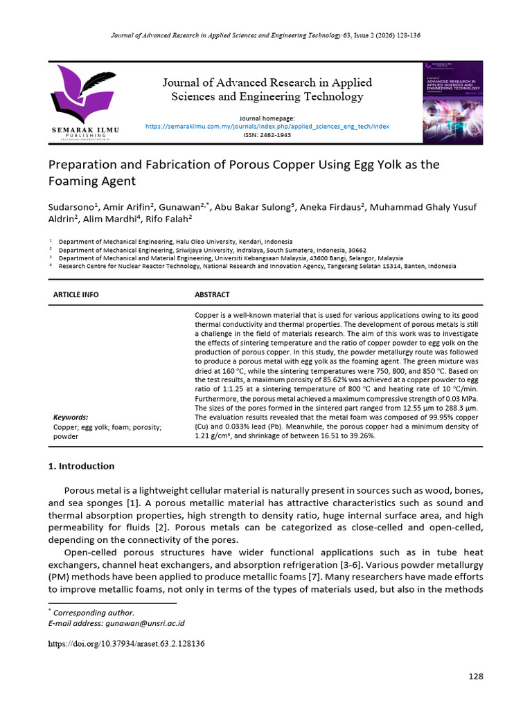 Fabrication of Porous Copper Using Egg Yolk | PDF | Porosity | Sintering