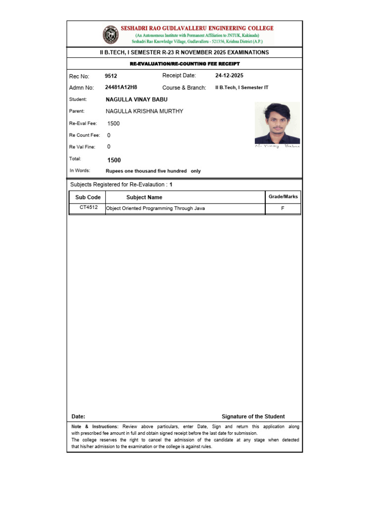 B.Tech I Sem Re-Evaluation Fee Receipt | PDF