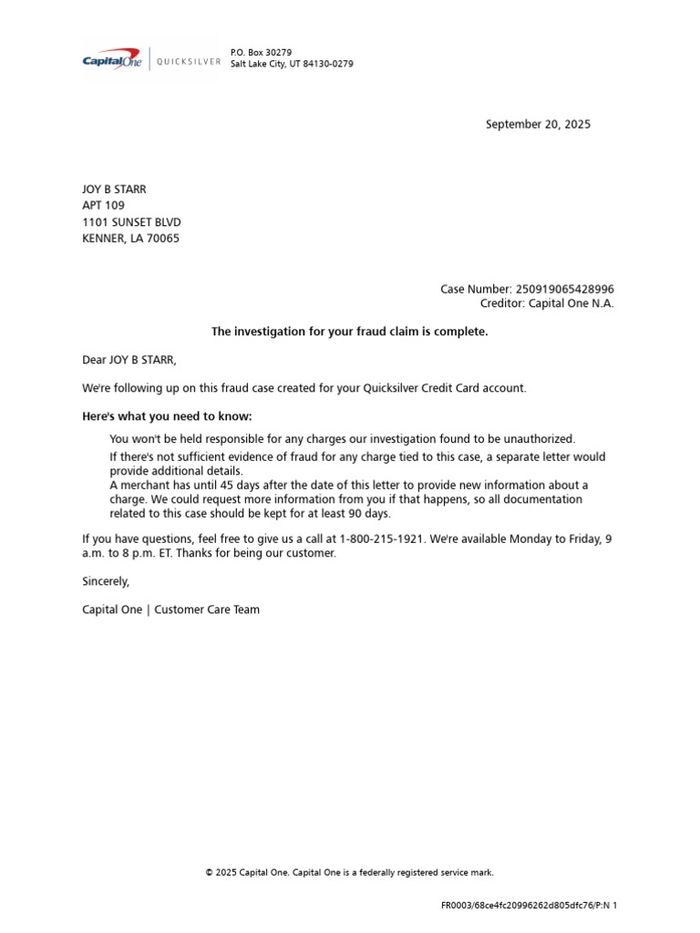 Capital One Fraud Claim Resolution Notice | PDF
