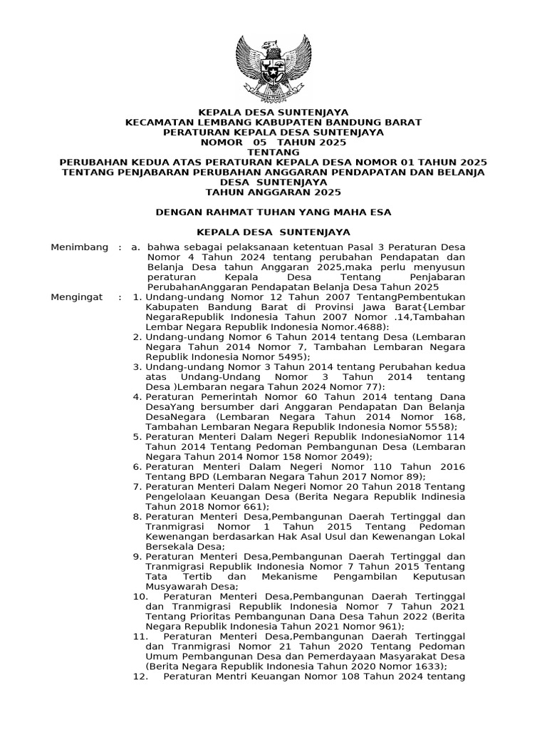 Perkades Penjabaran Perubahan APB Desa Tahun 2025 STJ | PDF