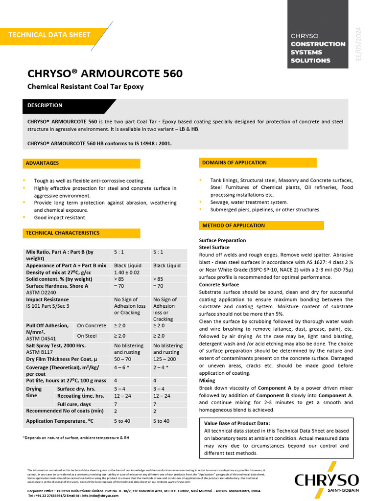 CHRYSO ARMOURCOTE 560 Data Sheet | PDF | Concrete | Coating