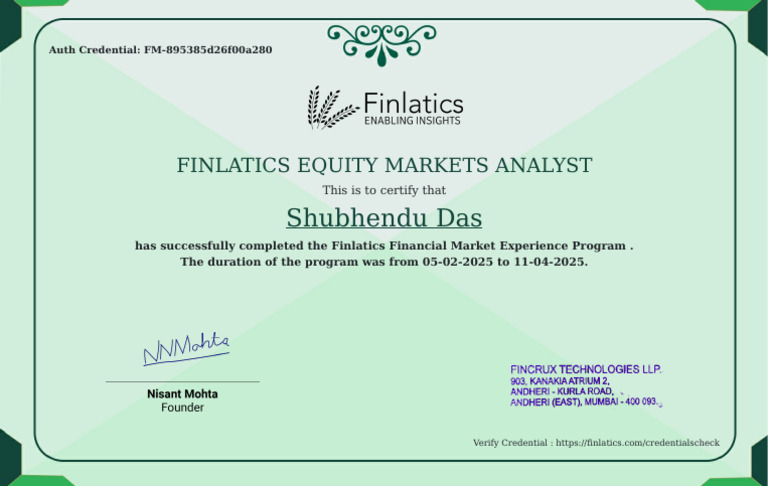 Finlatics Program Completion Certificate | PDF