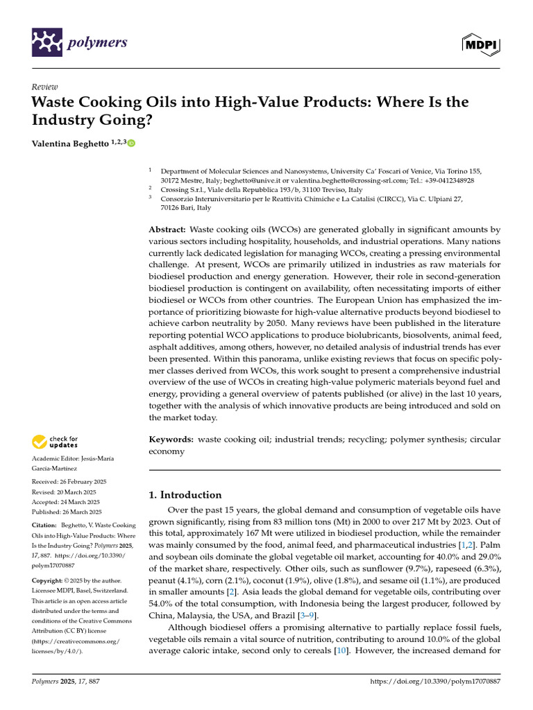 Waste Cooking Oils: Industrial Trends in Value-Added Products | PDF