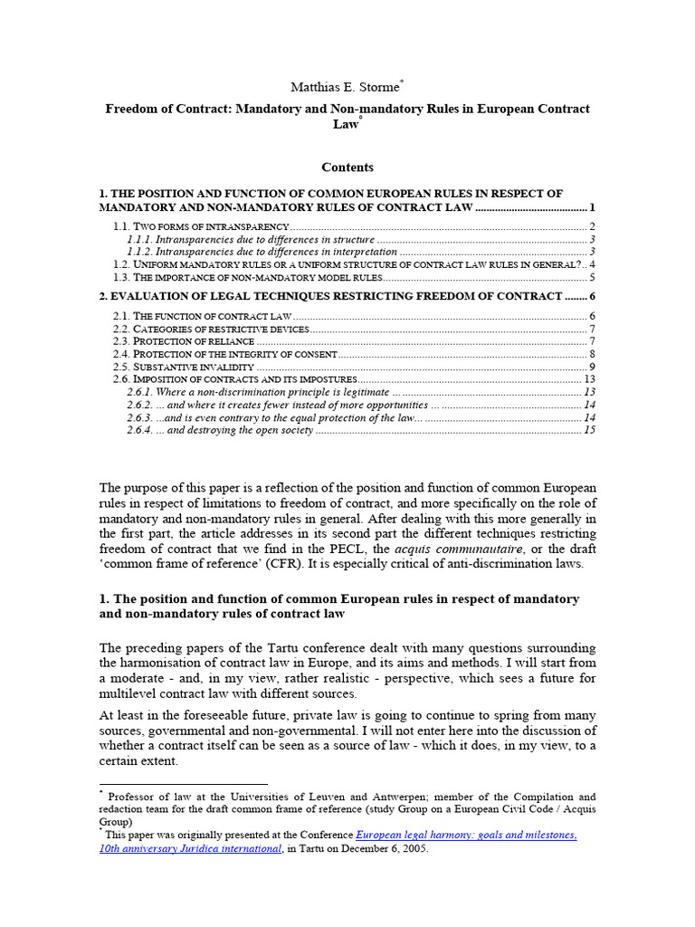 Freedom of Contract: Mandatory and Non-Mandatory Rules in European ...