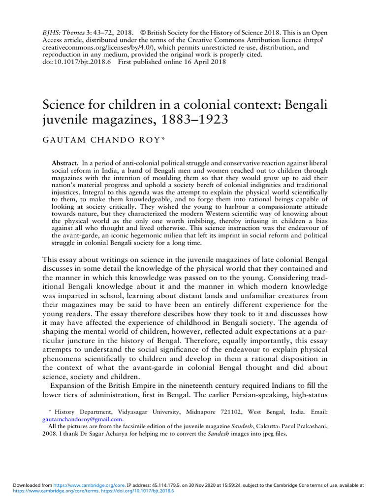 Gautam C Roy (2018). Science for Children in a Colonial Context | PDF