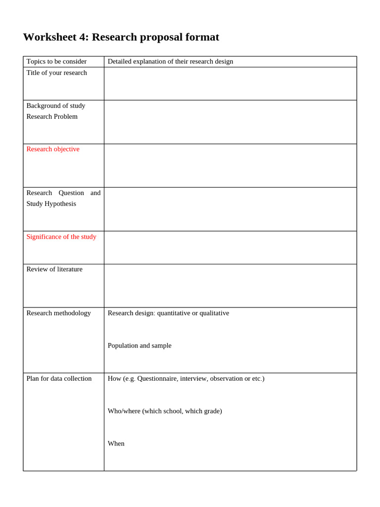 Research Proposal Format Worksheet | PDF