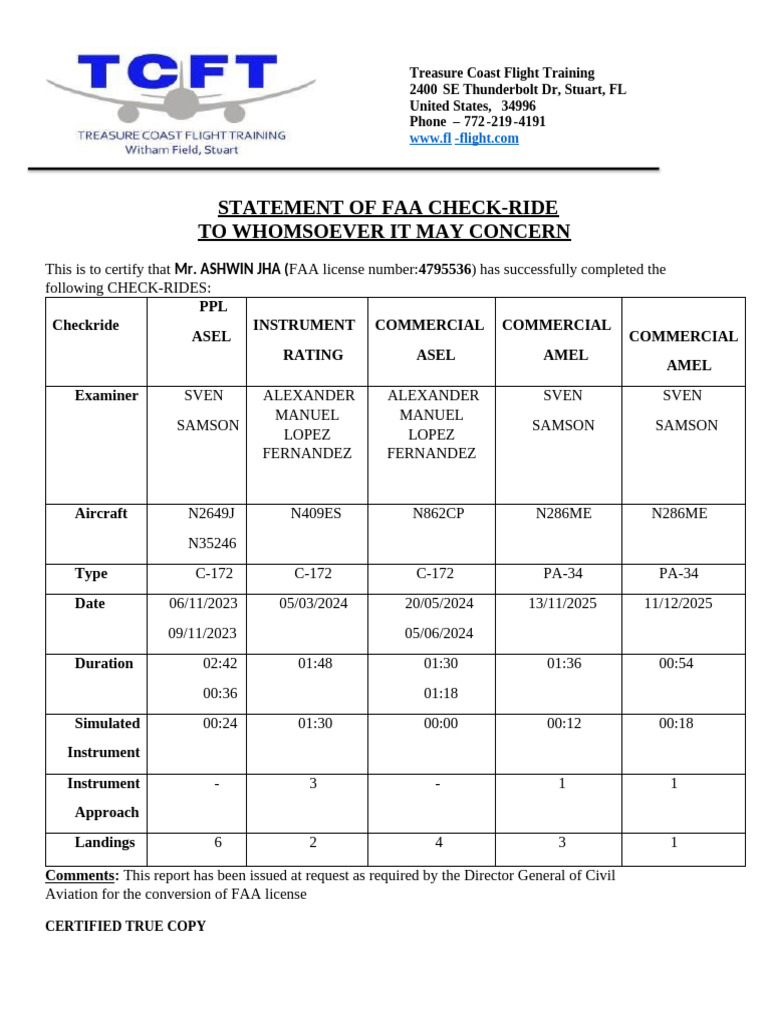 FAA Check-Ride Certification for Ashwin Jha | PDF | Aviation Safety ...