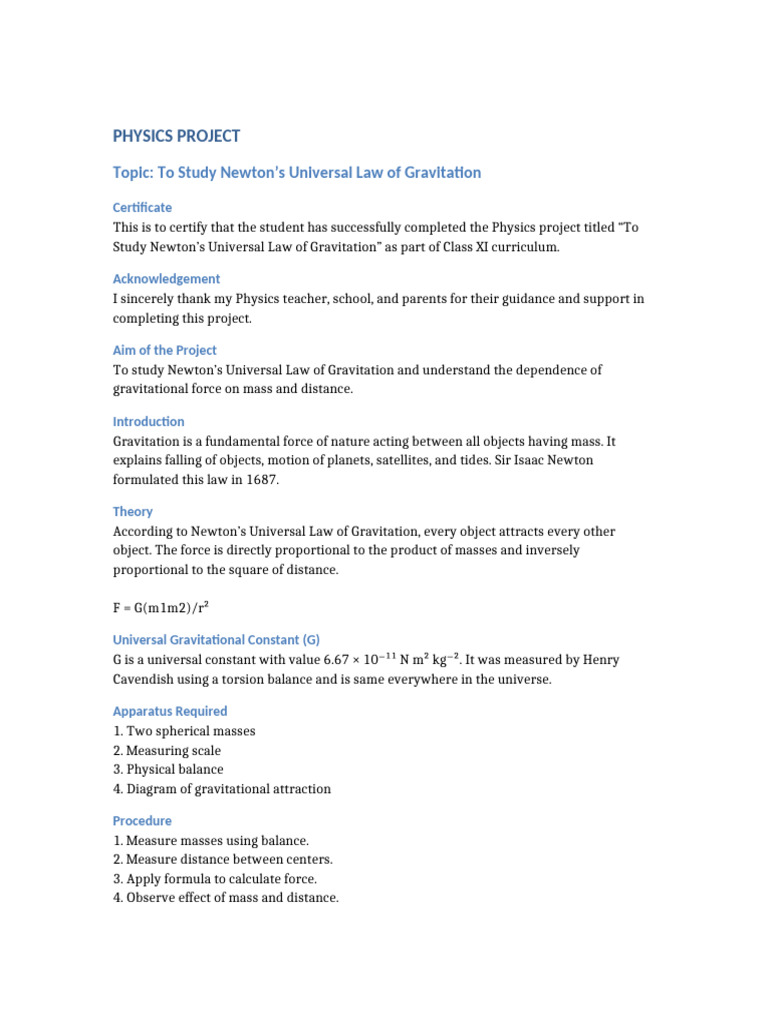 Newtons Law of Gravitation Project-1 | PDF